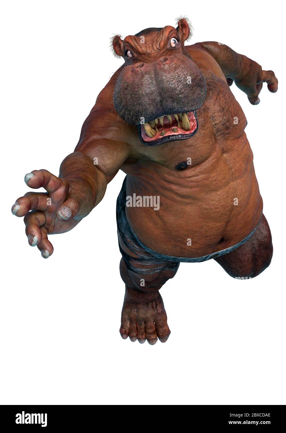 big and fat hippopotamus mutant on frontal jump in a white background ...