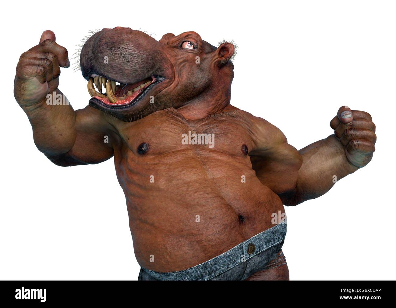 big and fat hippopotamus mutant on a powerful pose in a white ...