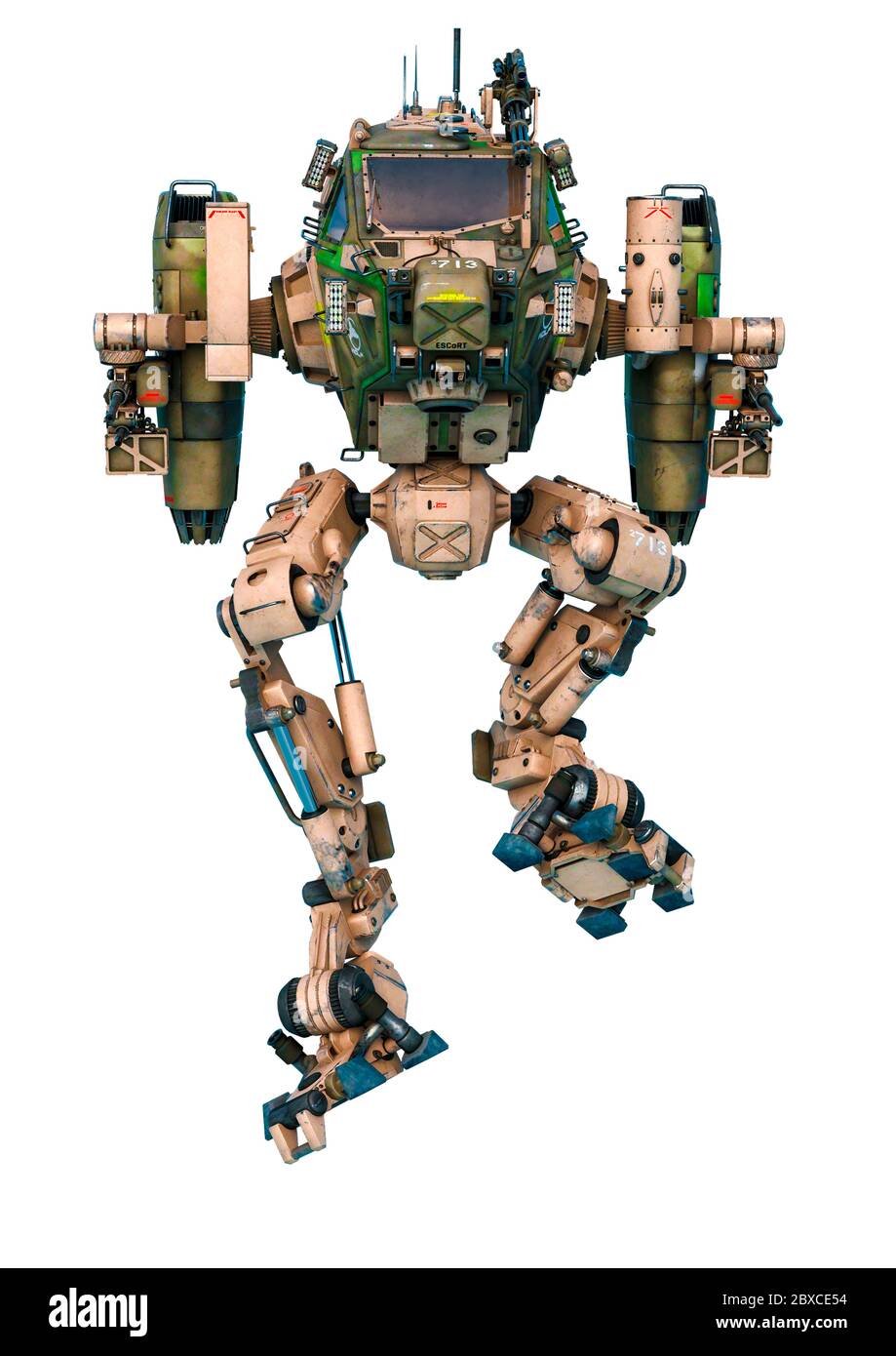 front combat machine landing in a white background. This military robot ...