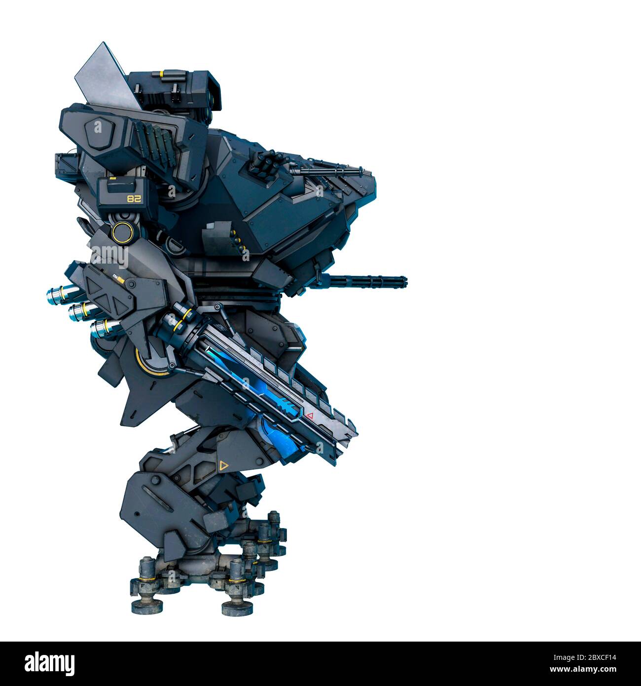 black heavy mech in a white background side view. This super robot gun ...