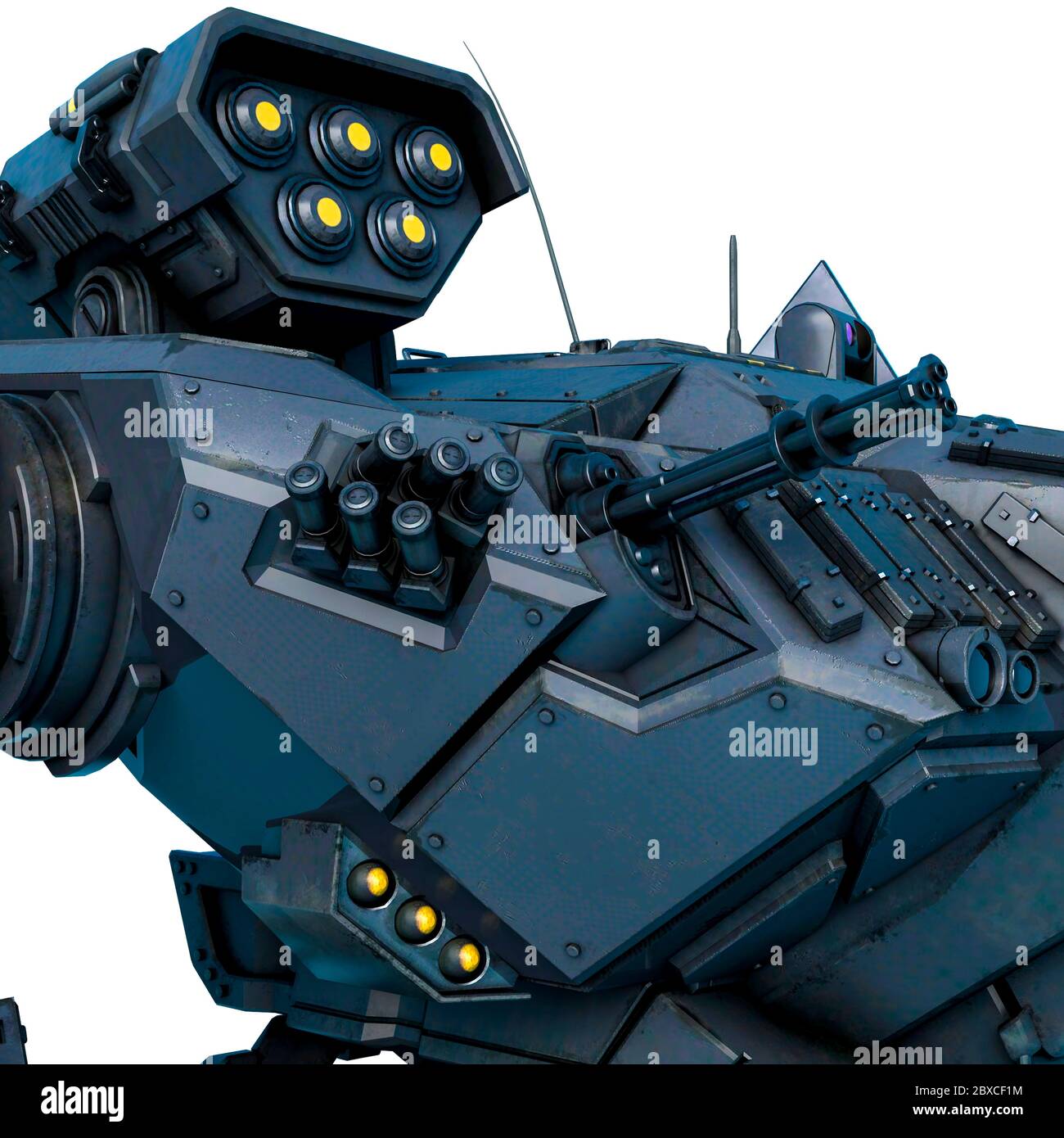 black heavy mech close up in a white background. This super robot gun ...