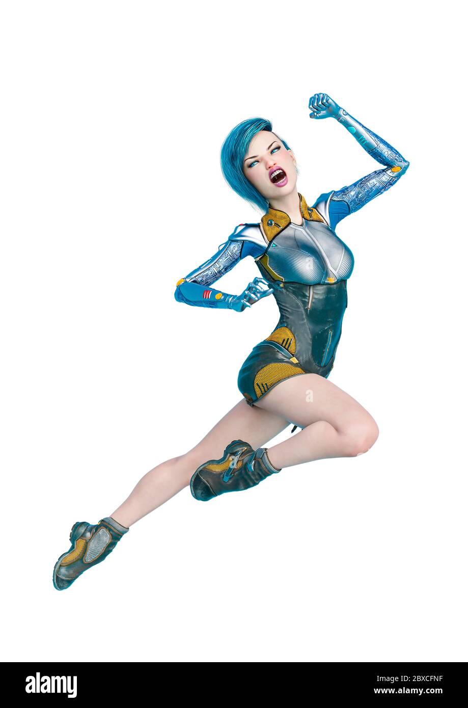 cyborg girl jumping with a mad scream in a white background. This super ...