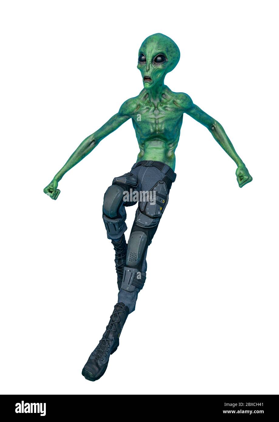 green alien on military ready to win in white background. This alien in ...