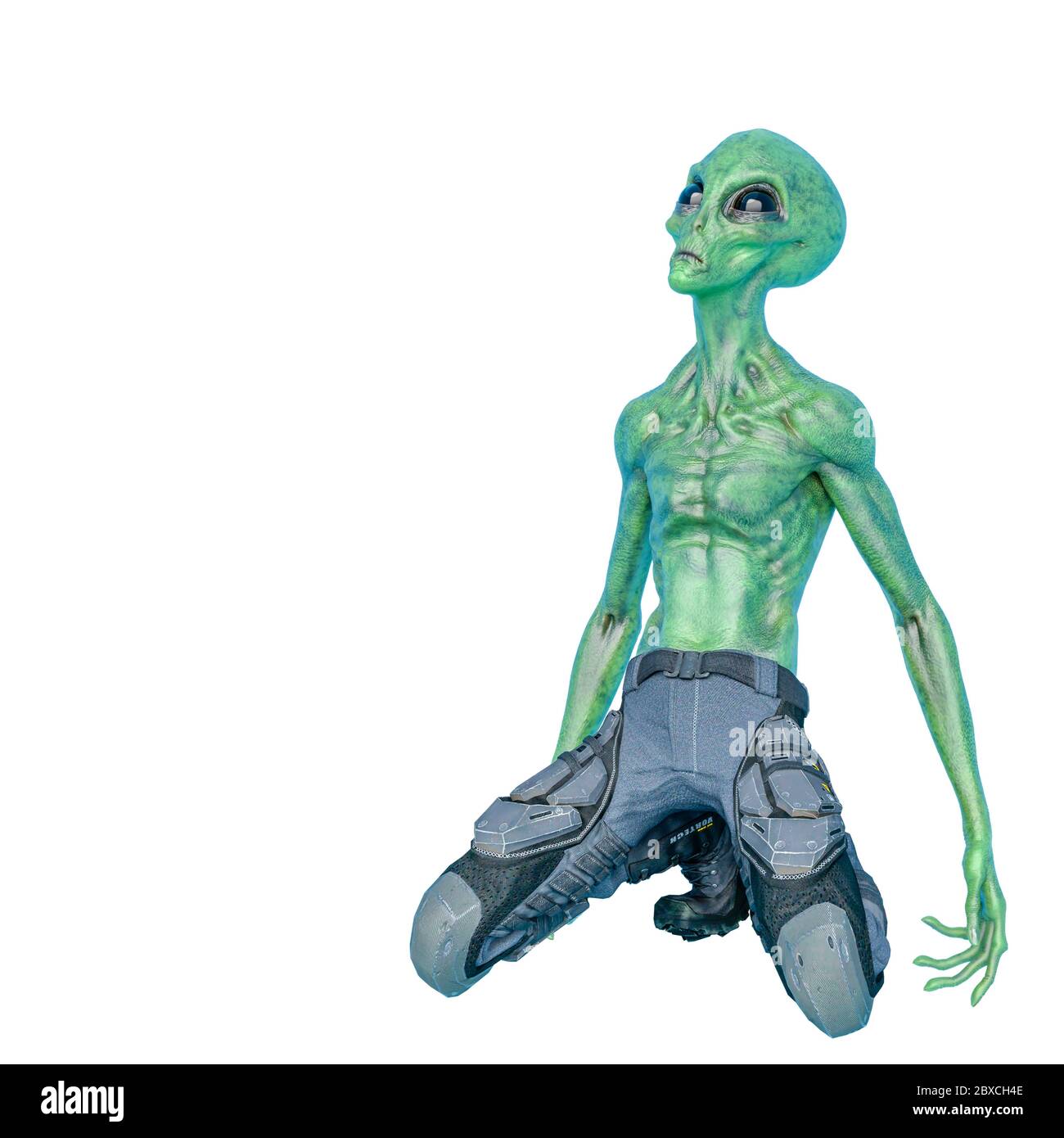 green alien on military ready to win in white background. This alien in ...