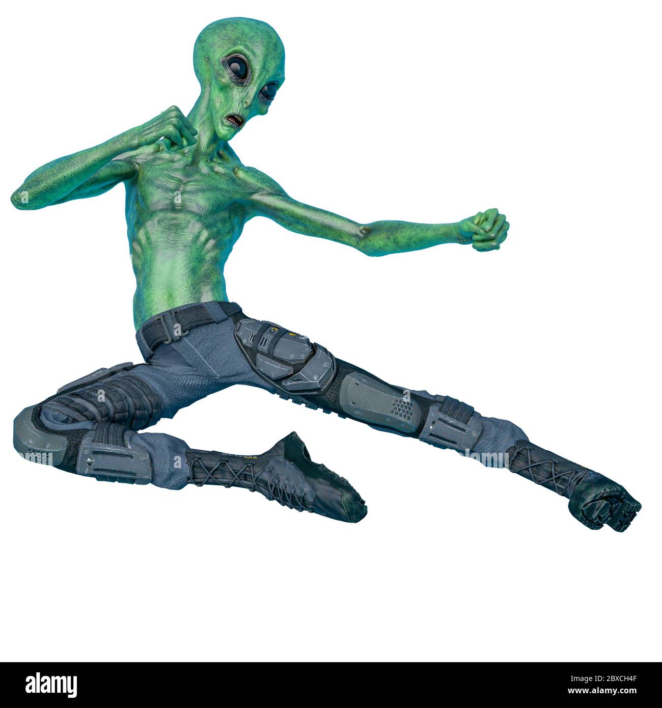 green alien on military ready to win in white background. This alien in ...