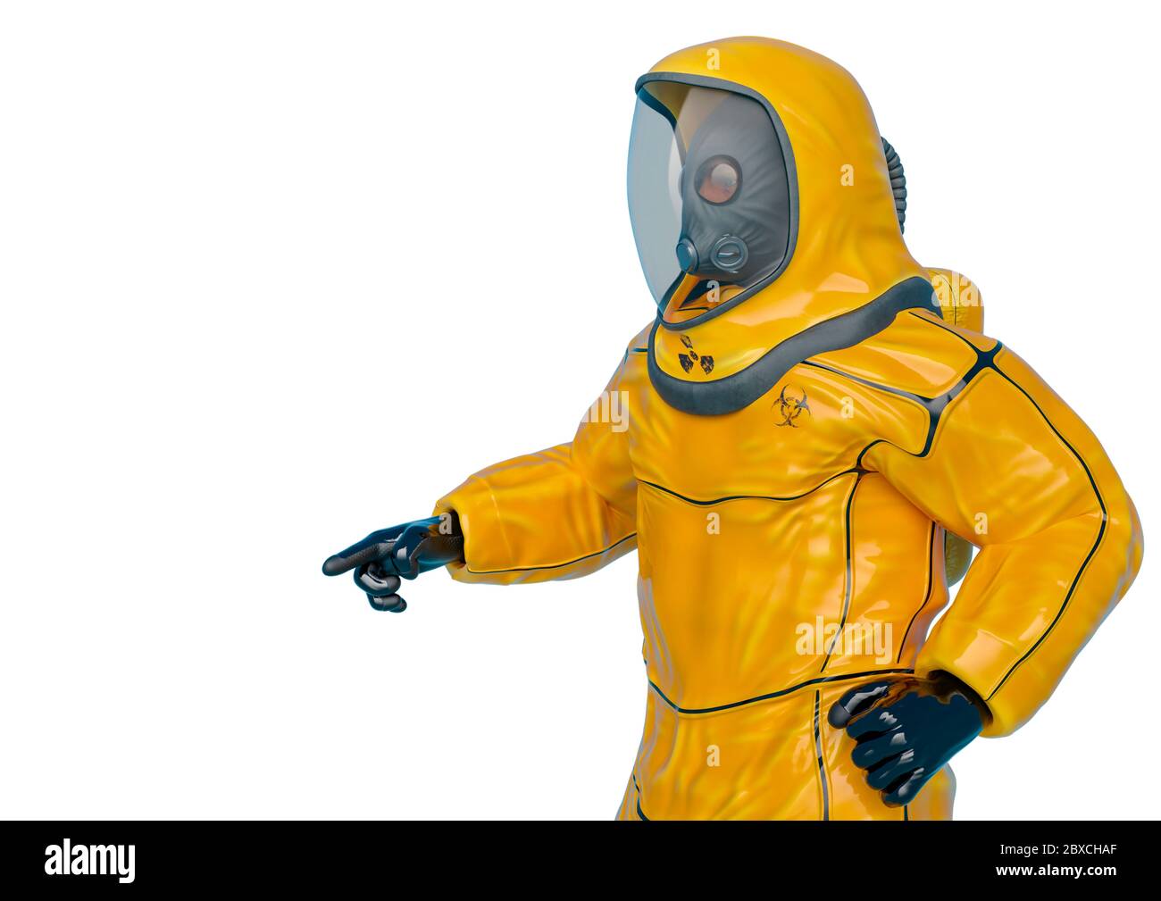 bio hazard man go over there in a white background side view. This ...