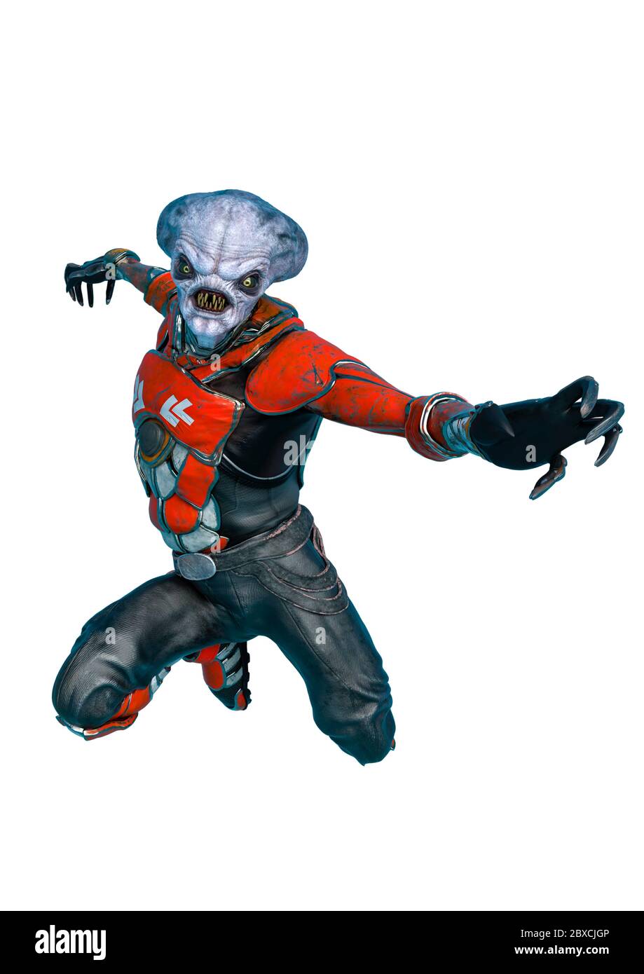 official alien on a sci-fi outfit jump attack in a white background ...