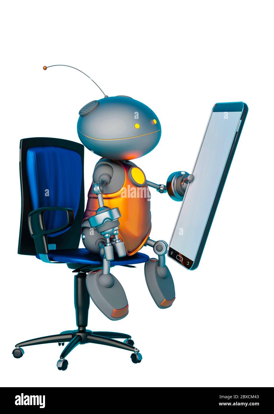 mini bot holding a cellphone in a white background. This robot in ...