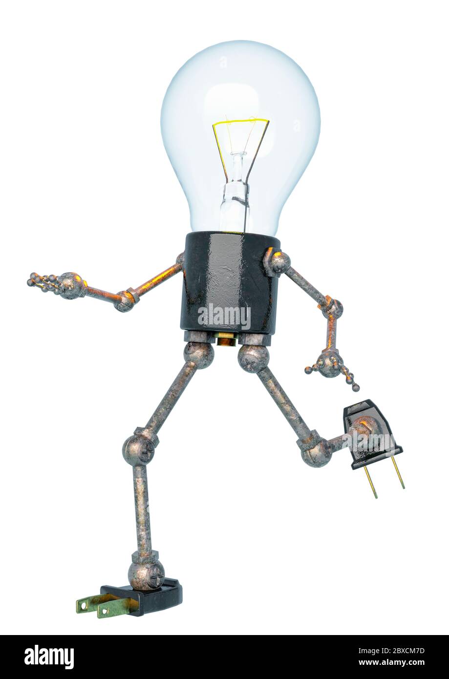 bulb light character running in a white bacground. This robot in ...