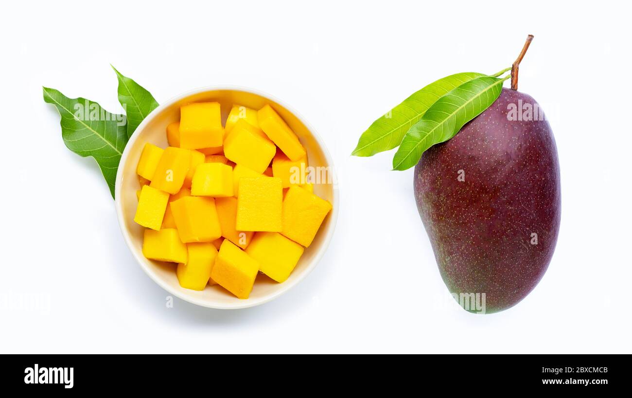 Mango, Tropical fruit with leaves on white background. Top view Stock ...