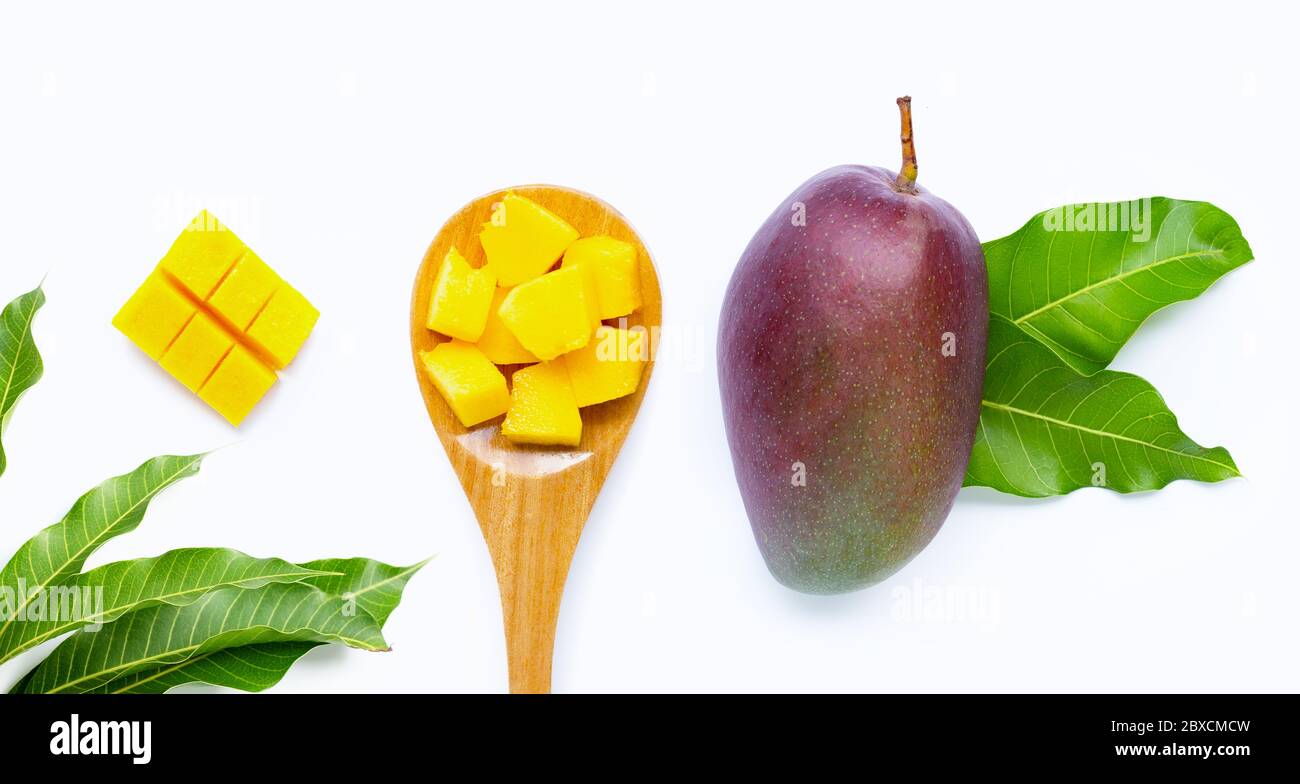 Mango, Tropical fruit with leaves on white background. Top view Stock ...