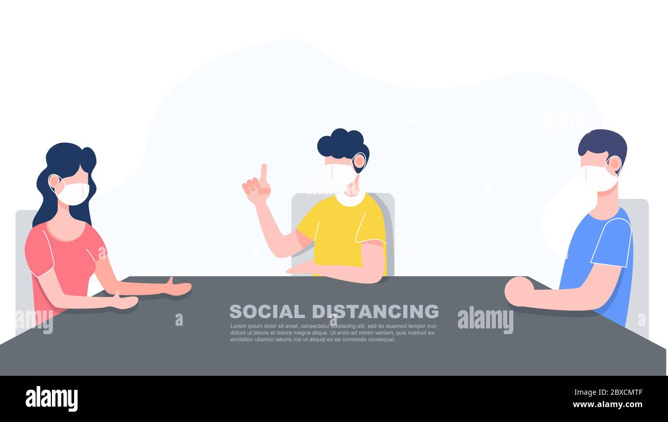 Three people in family keep distance sitting with face mask. Social ...