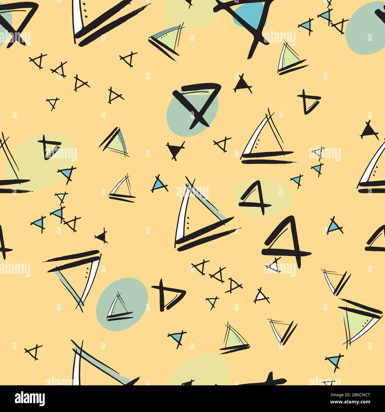 Triangles floating with color circles Hand drawn vector seamless ...