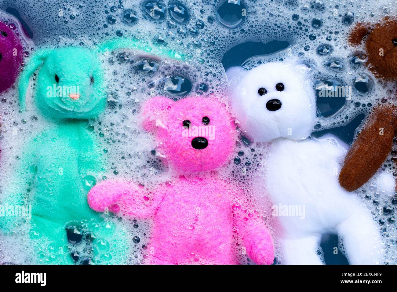 Soak rabbit doll with toy teddy bear in laundry detergent water ...