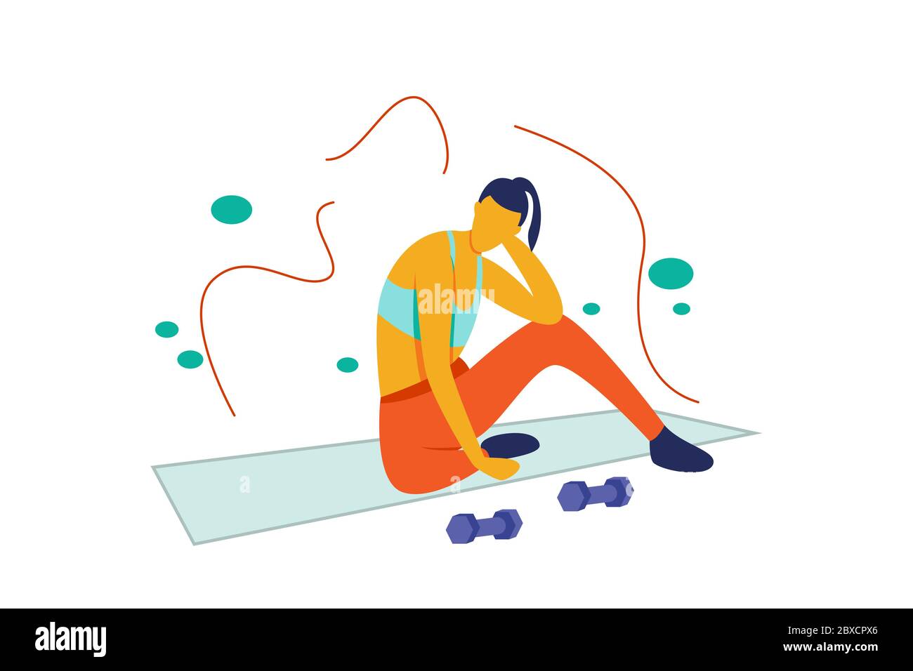 Illustration of a woman sitting on the floor after exercise. Flat style ...