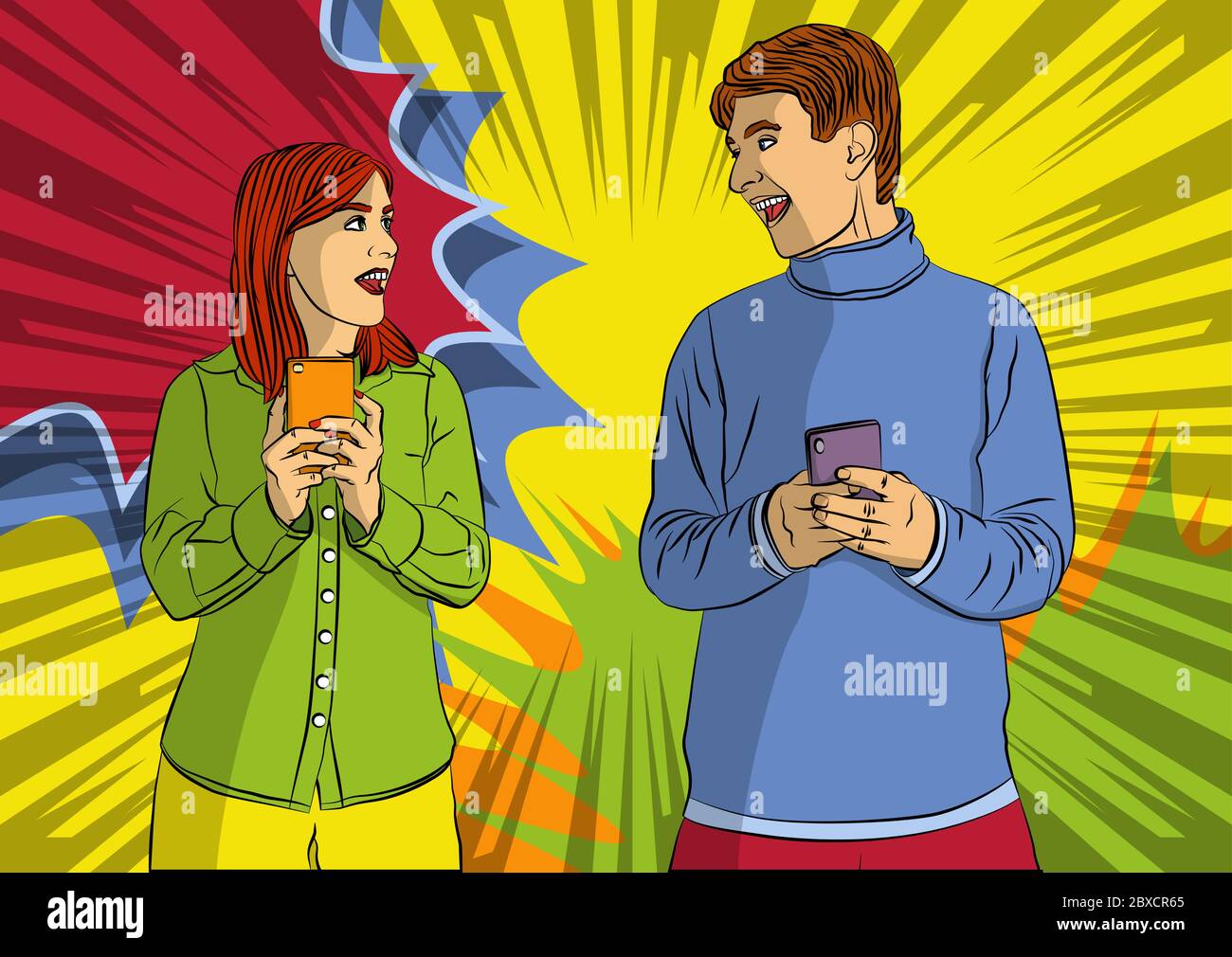 Portrait of happy young caucasian positive excited man and woman using ...