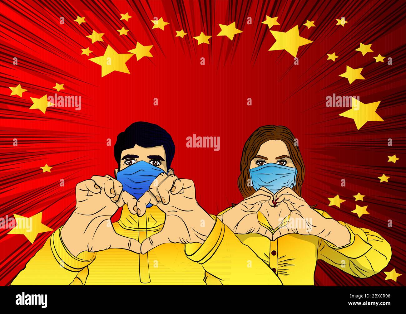 Pop Art Young handsome man and beautiful woman wearing face mask and ...