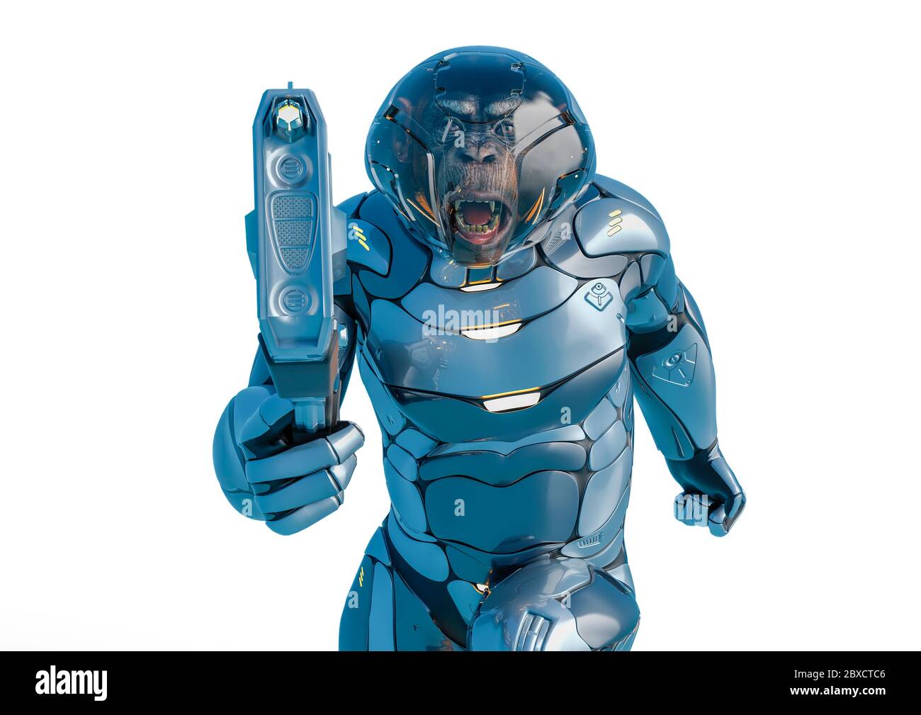 chimpanzee astronaut got a gun front view in a white background will ...