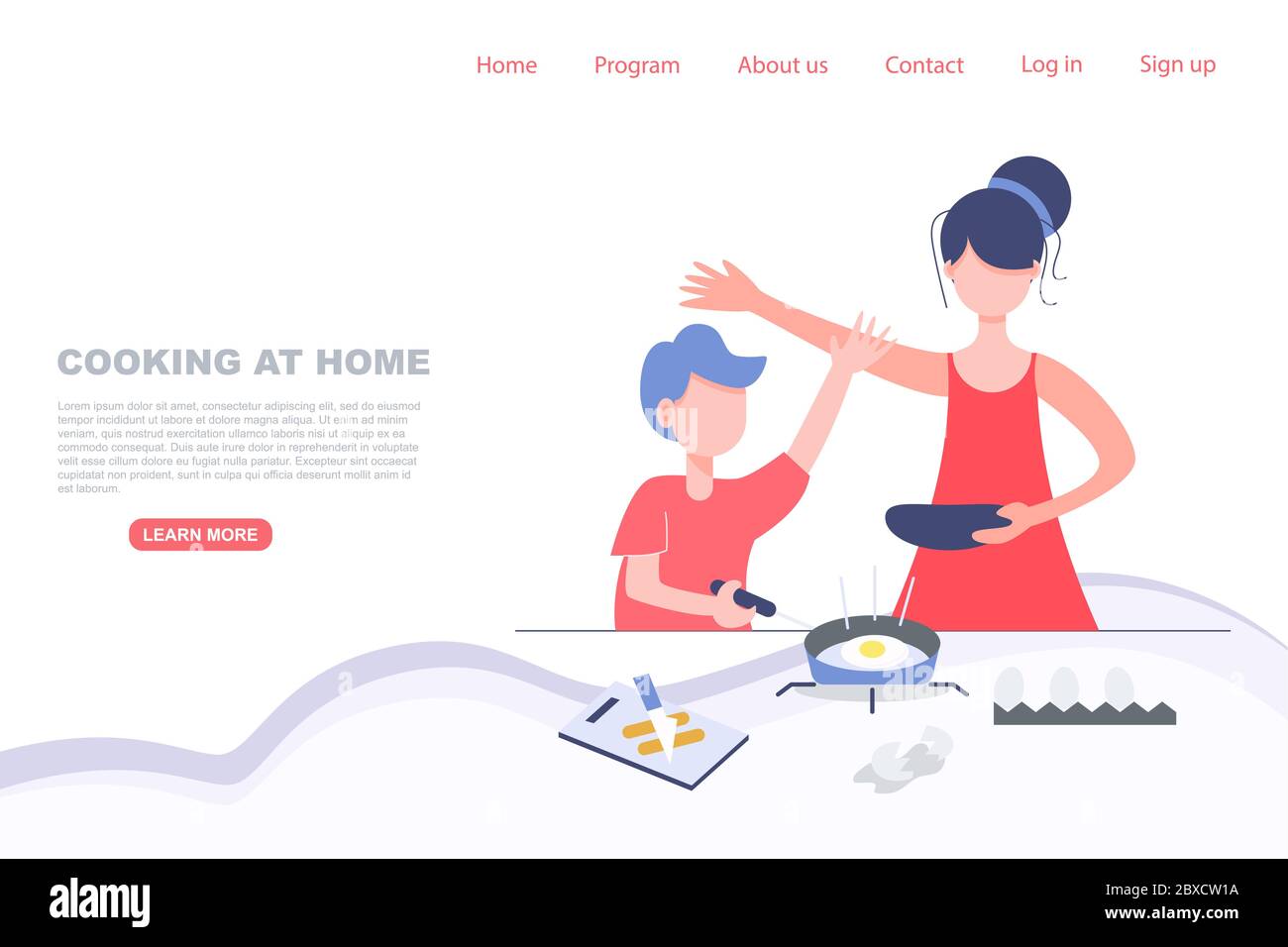 Kid cooking with mom. Stay at home concept. Landing page vector ...