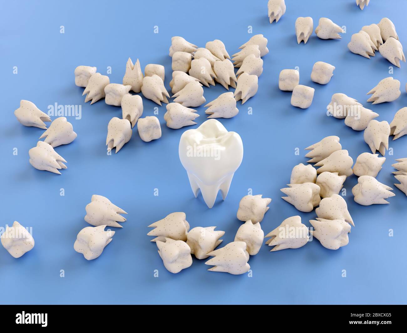 Big white tooth and yellow teeth in caries. Place for text. Light ...