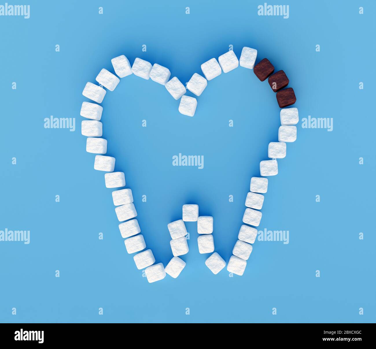 Tooth from sugar cubes on blue background, some brown sugar cubes ...