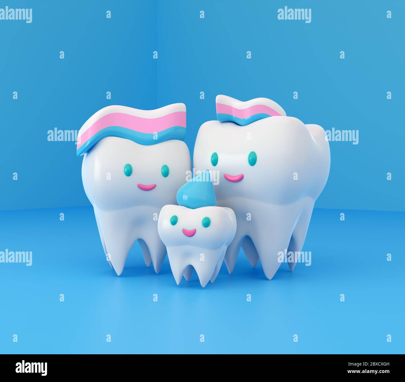 Cute happy smiling family of teeth with toothpaste hairstyle. Clear ...