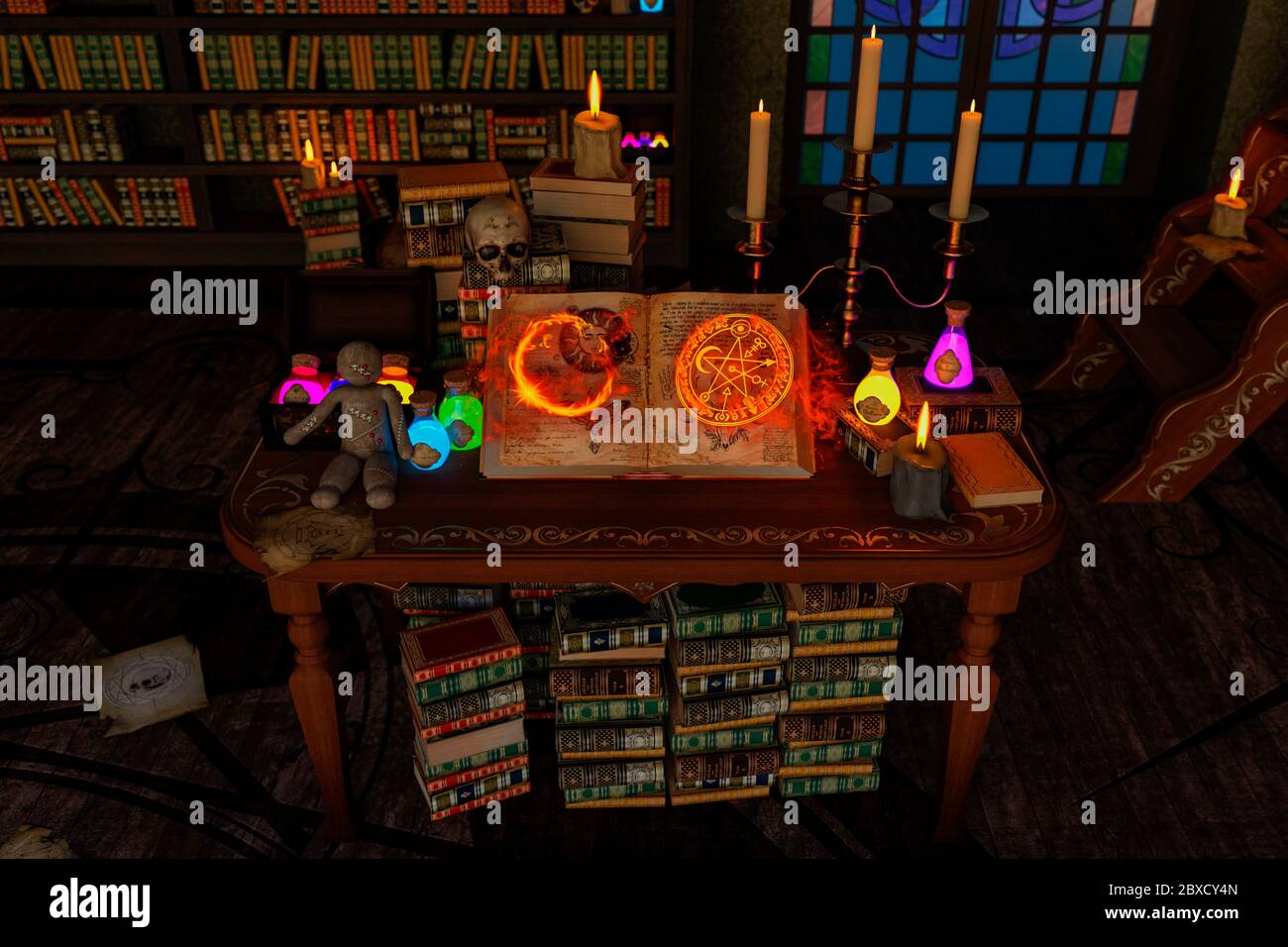 mystic room or alchemist`s study room with candles, books, bottles and ...