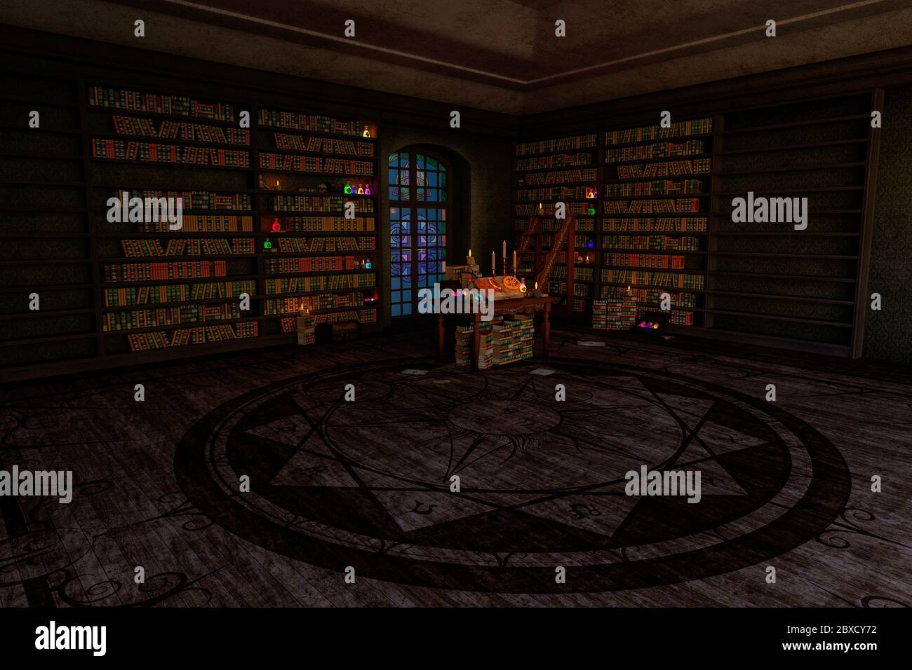 mystic room or alchemist`s study room with candles, books, bottles and ...