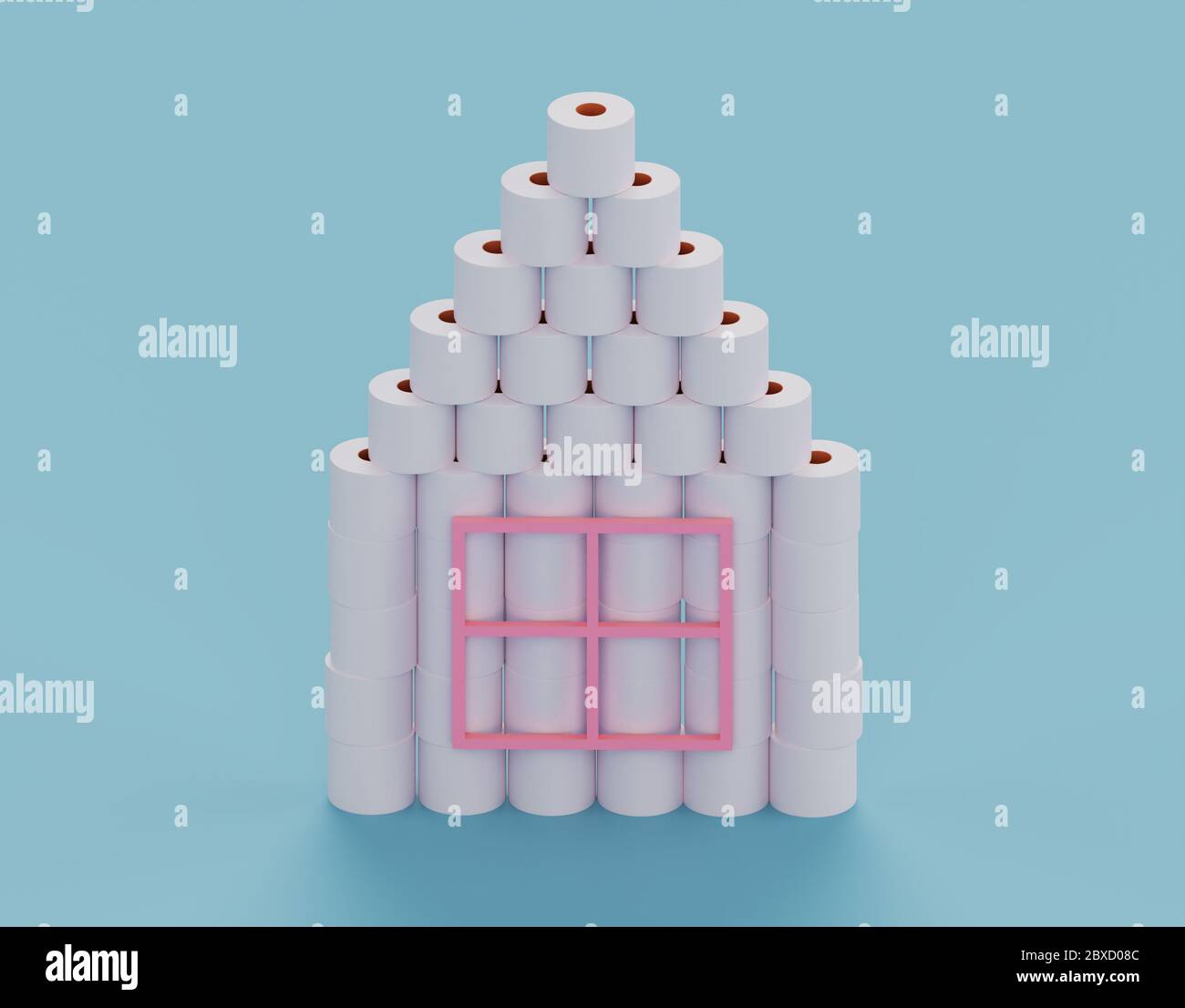 a paper toilet house, a pyramid of toilet paper on a blue background ...