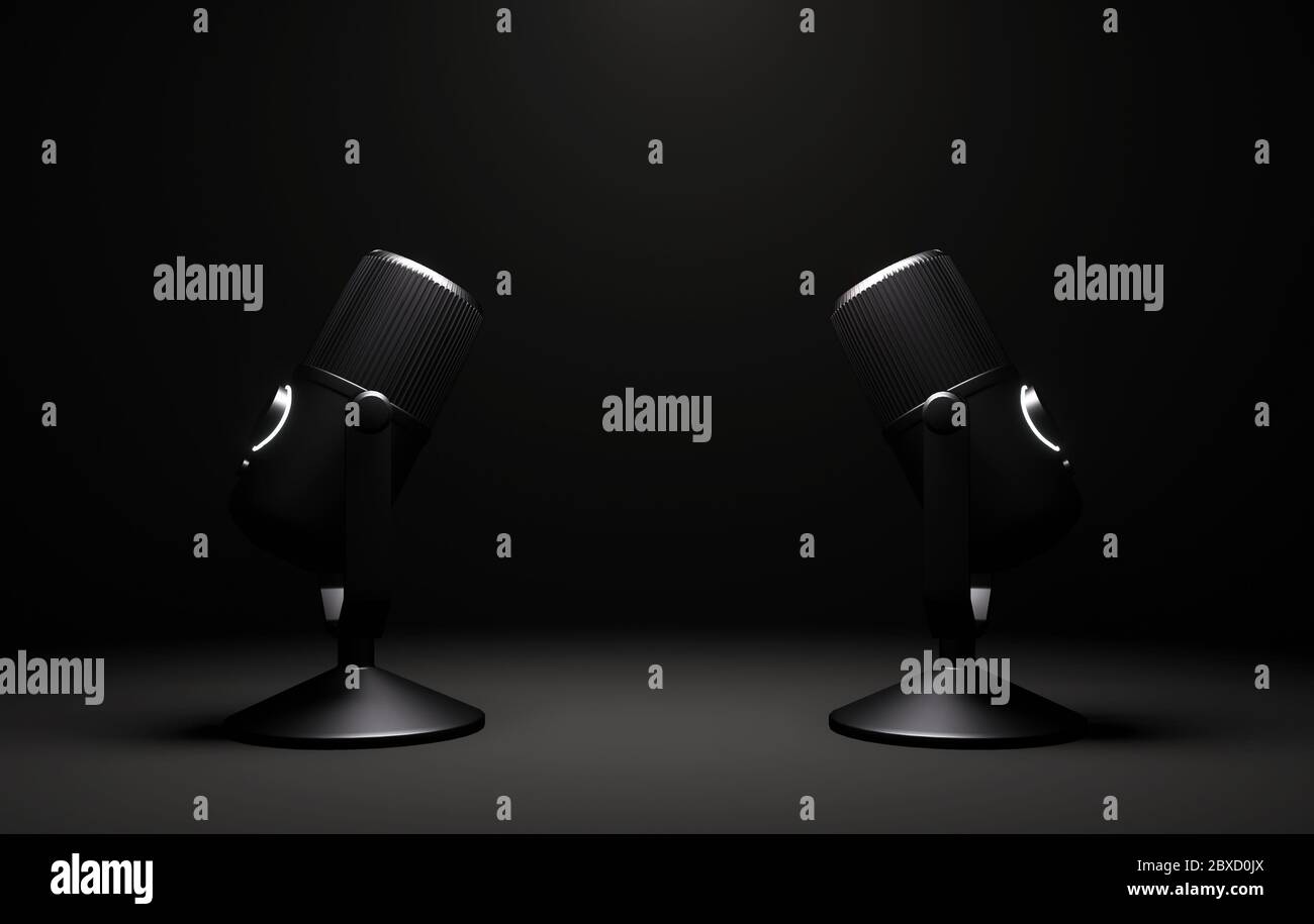 Two microphones on the black background. 3d illustration Stock Photo ...