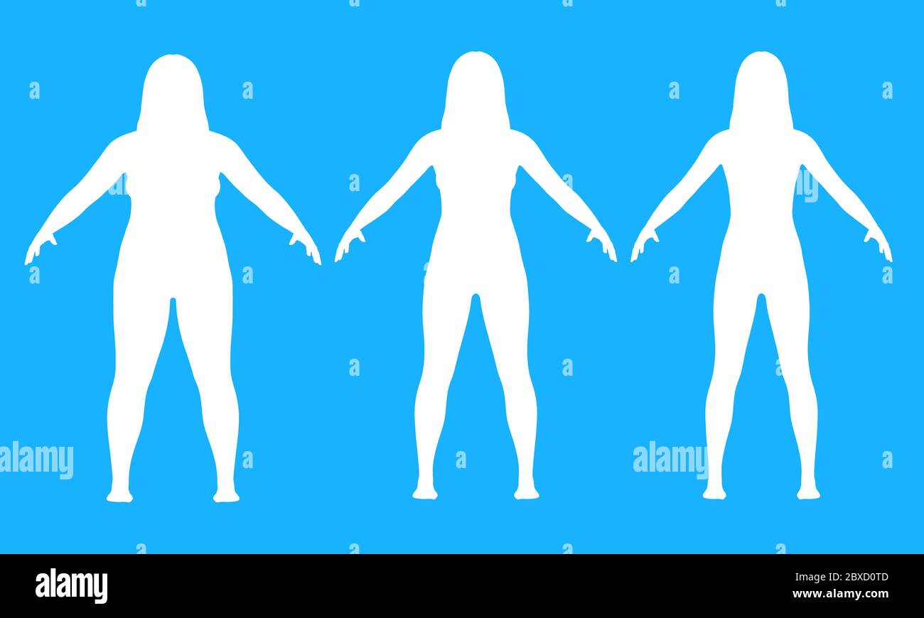 Steps of losing weight woman on blue background from fat to slim ...