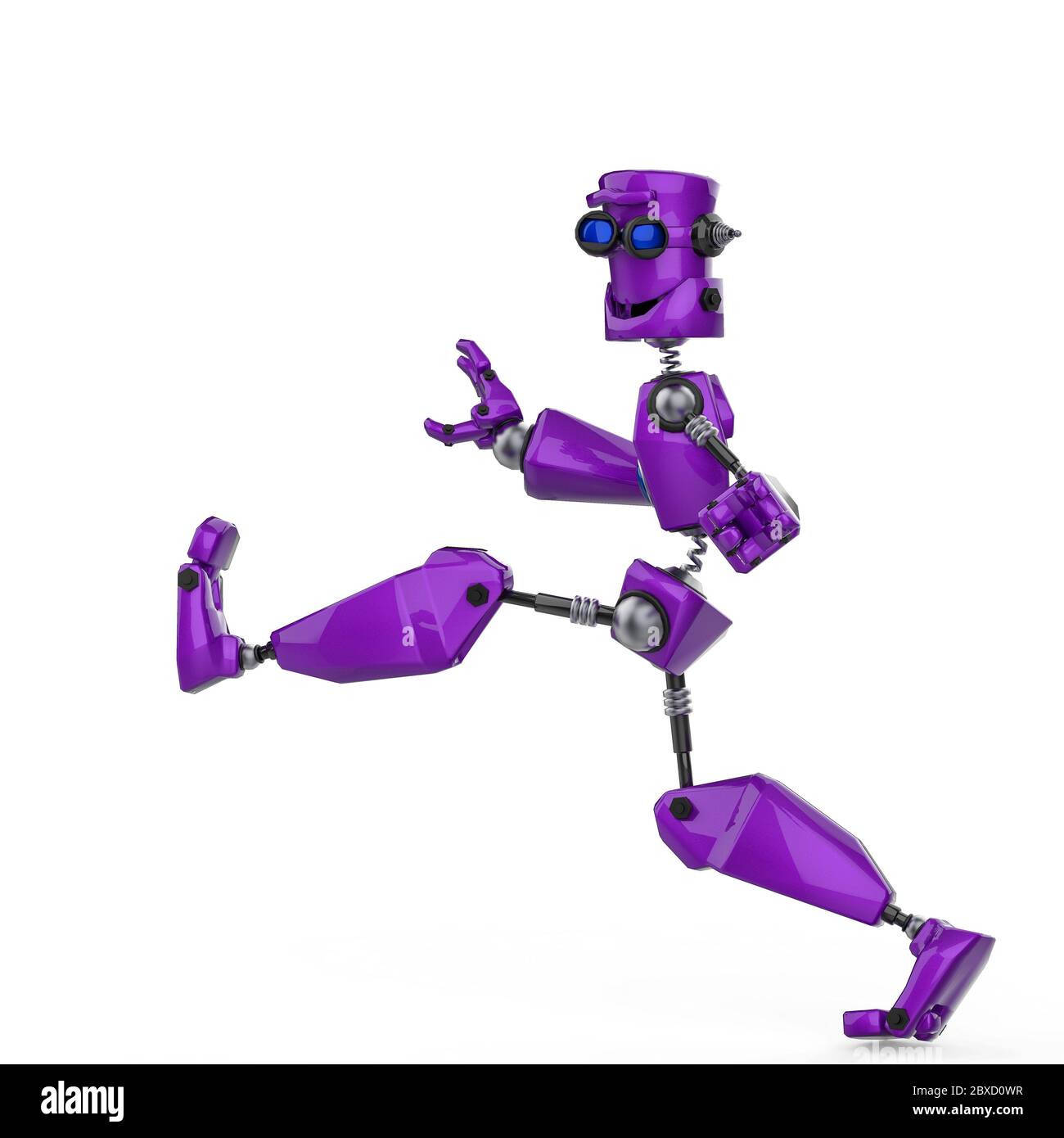 funny purple robot cartoon crazy walk along in a white background. This ...