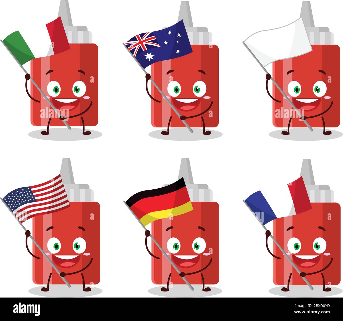 Sauce Bottle Cartoon Character Bring The Flags Of Various Countries