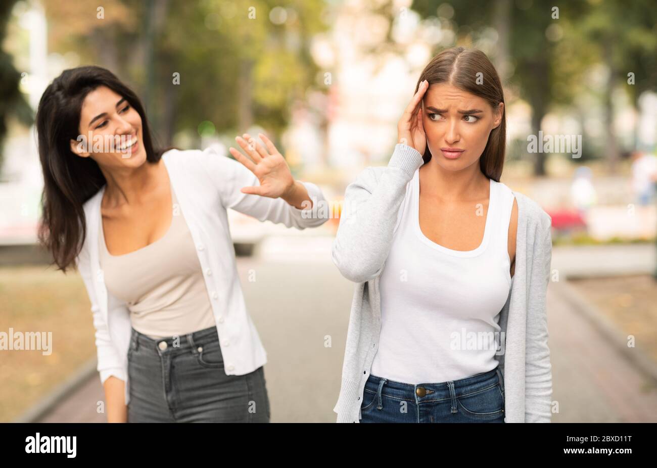Shy Girl Avoiding Meeting Friend Having Communication Problems Walking ...