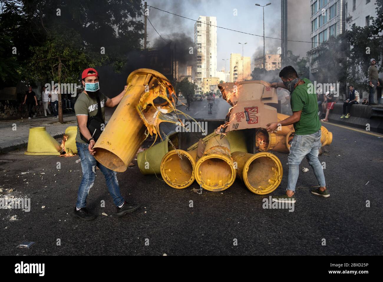 Beirut, Lebanon. 6th June, 2020. Men block the Charles Helou highway ...