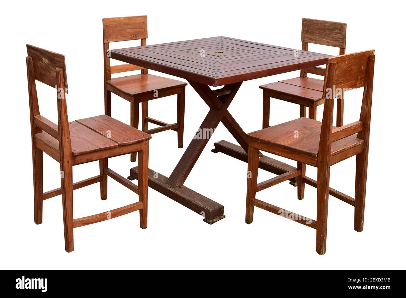 Wooden dining table and chairs isolated on white background, work with ...