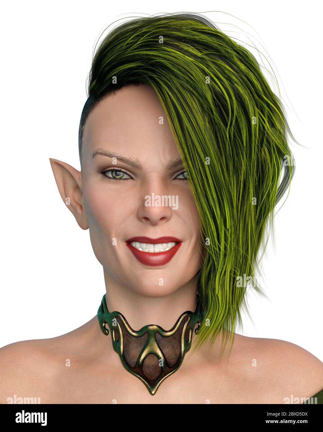 Elf Queen with a green hair smiling portrait in a white background ...