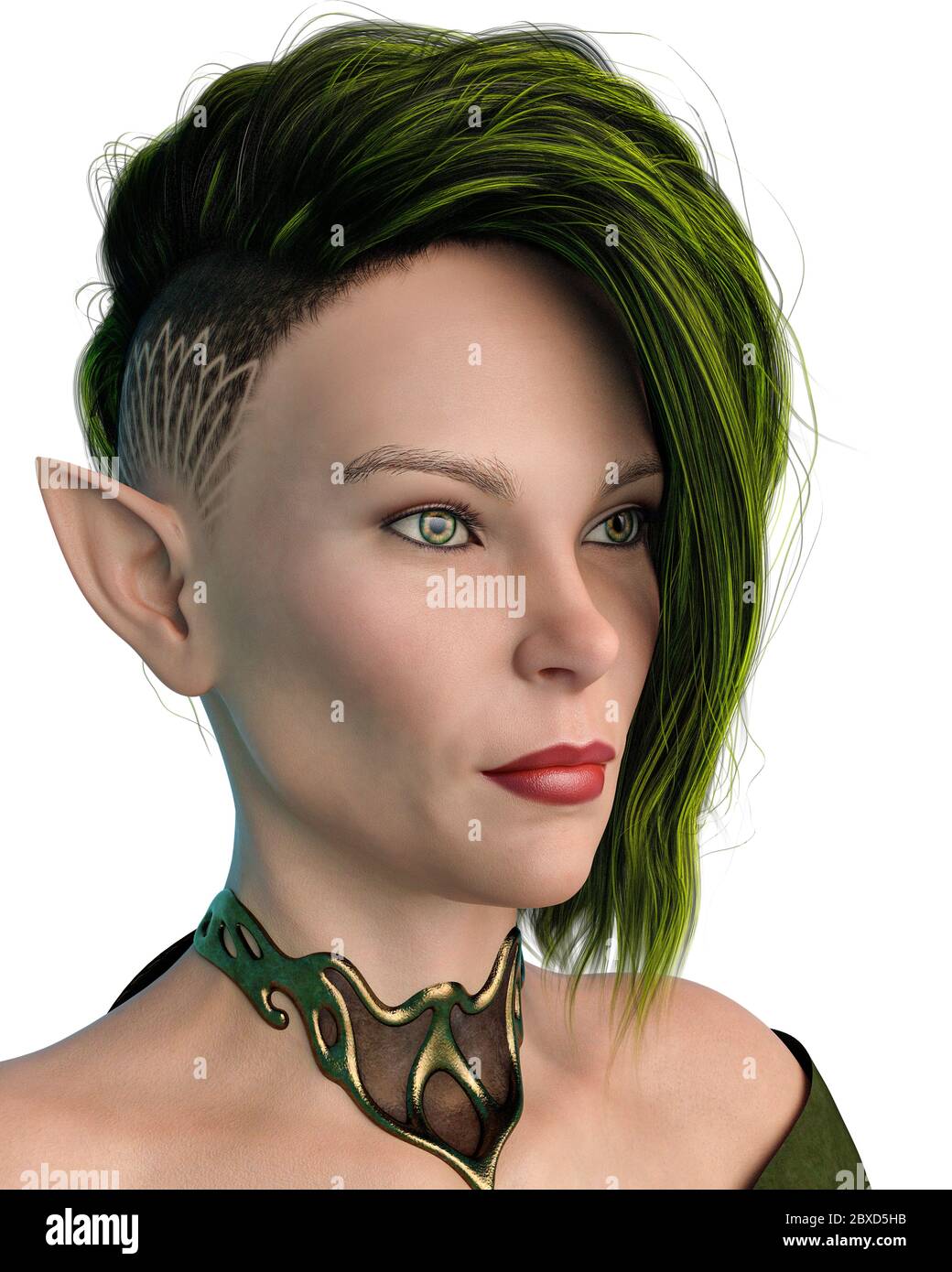 Elf Queen with a green hair portrait in a white background Stock Photo ...