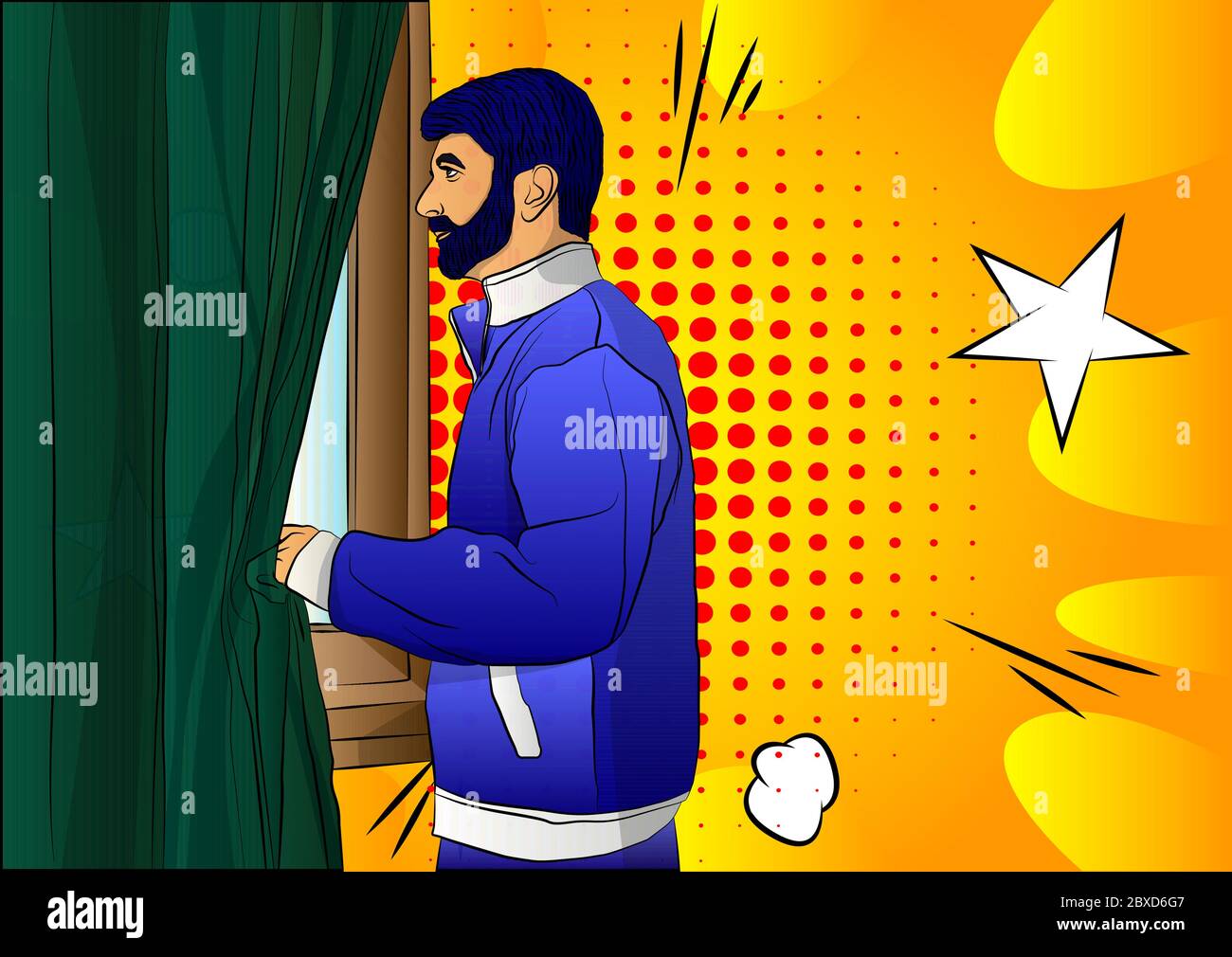 Pop Art casual Man at window, comic book style, cartoon man looking out ...