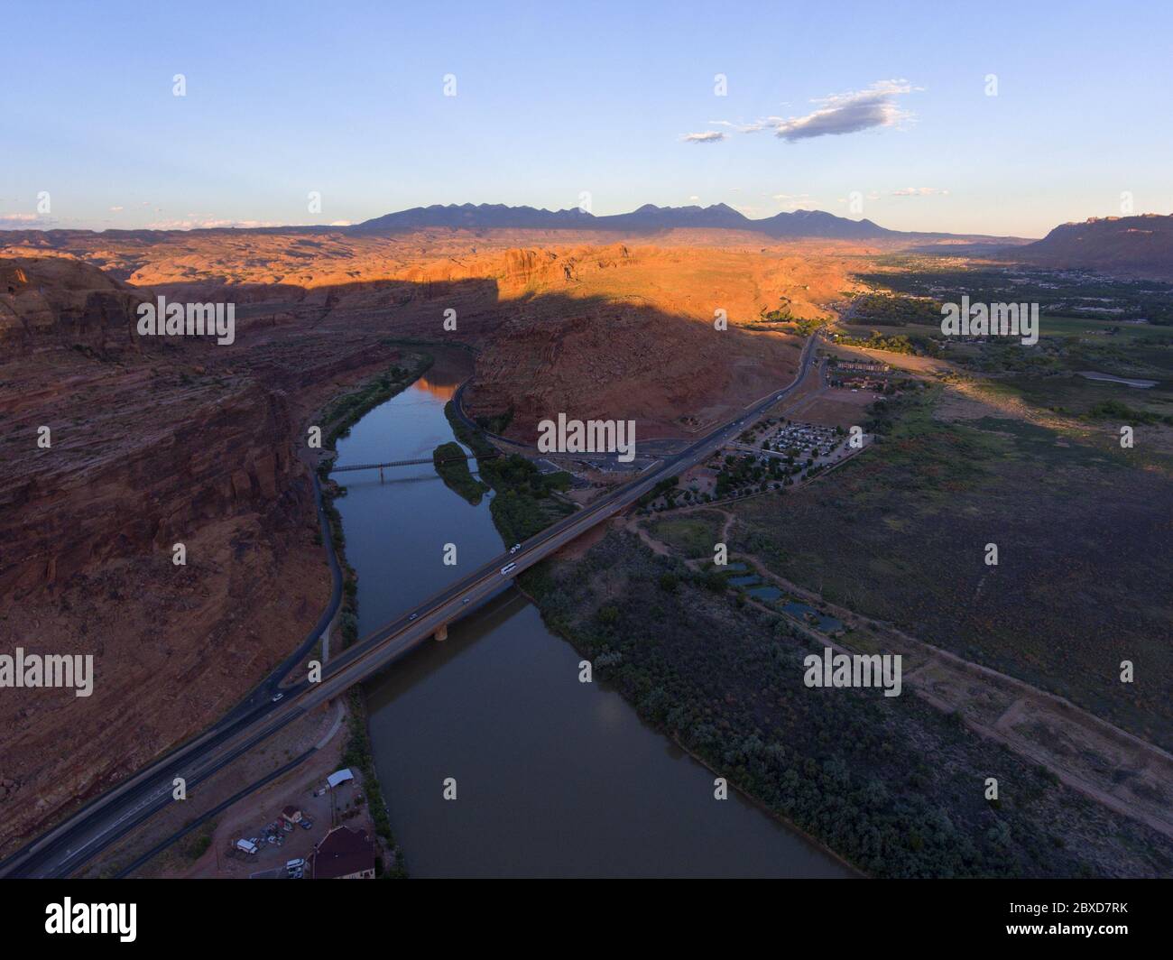Aerial view of Colorado River and La Sal Mountains near Arches National ...
