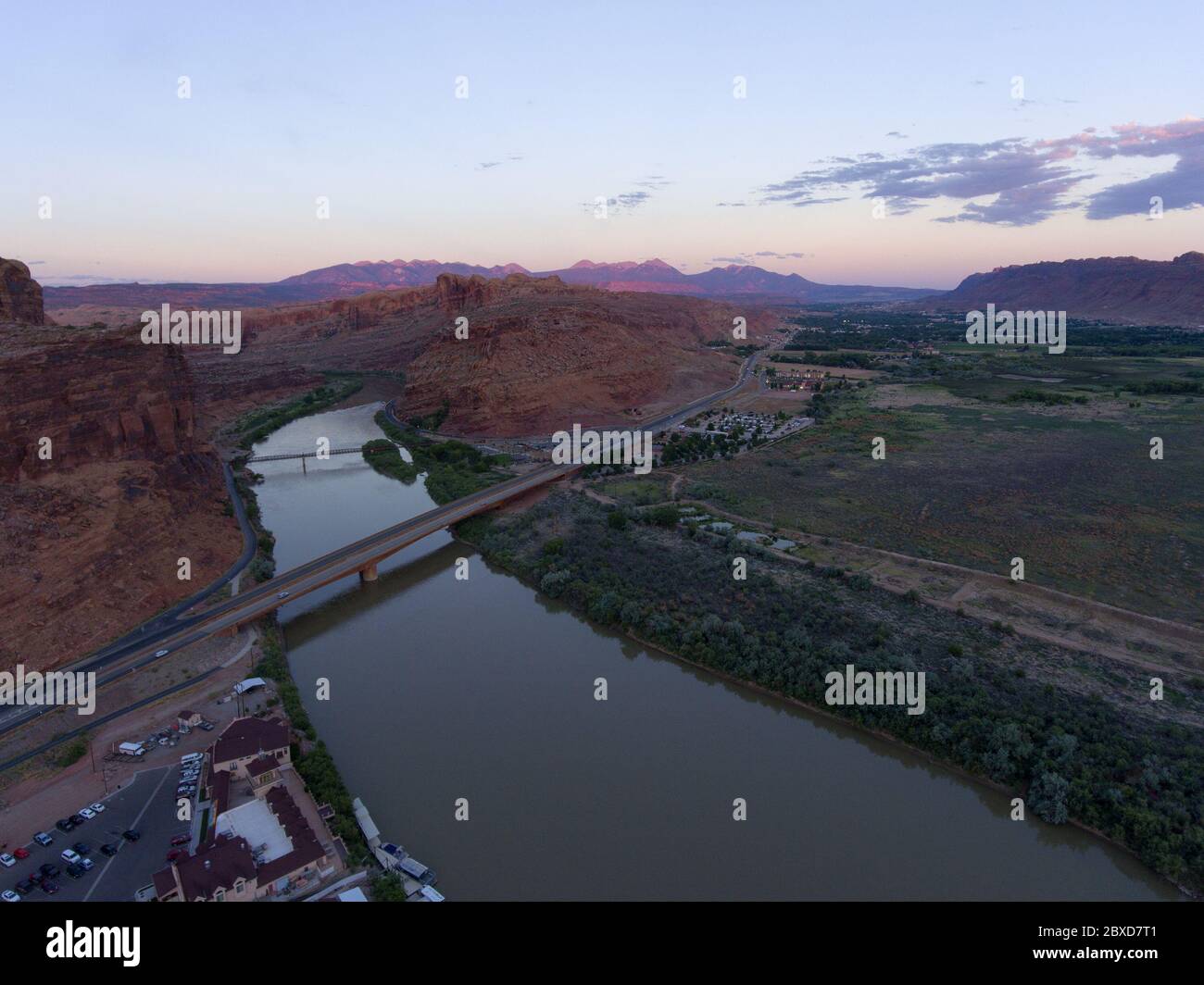 Aerial view of Colorado River and La Sal Mountains near Arches National ...