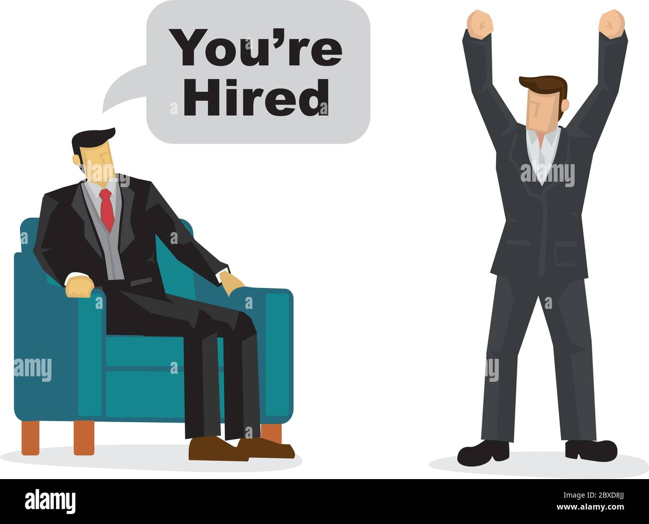 Happy employee with rise arm after hearing he has been hired by his new ...