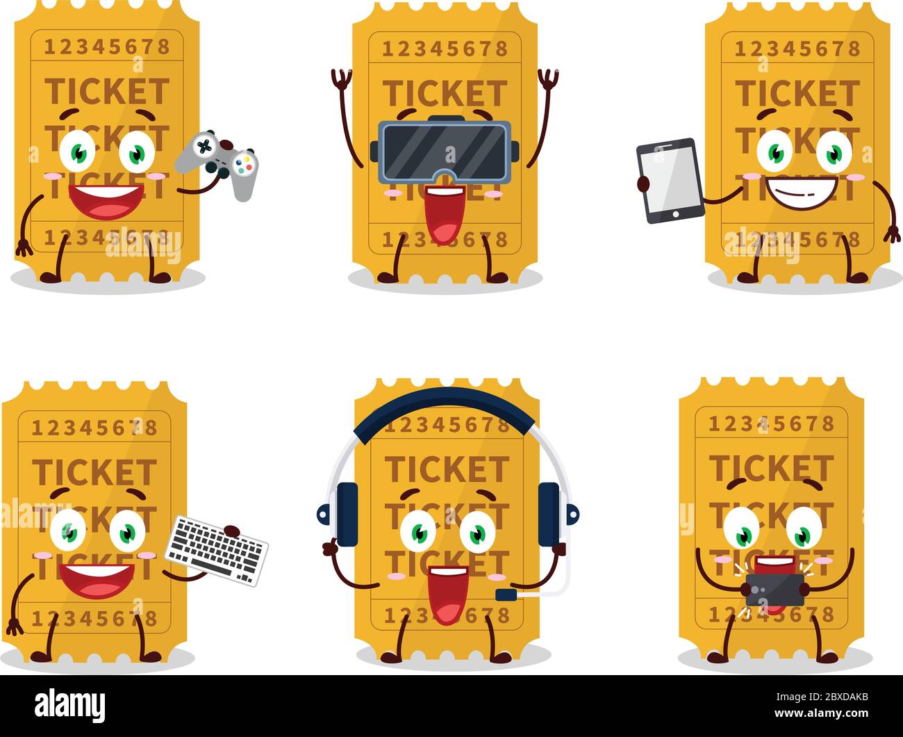 Ticket cartoon character are playing games with various cute emoticons ...