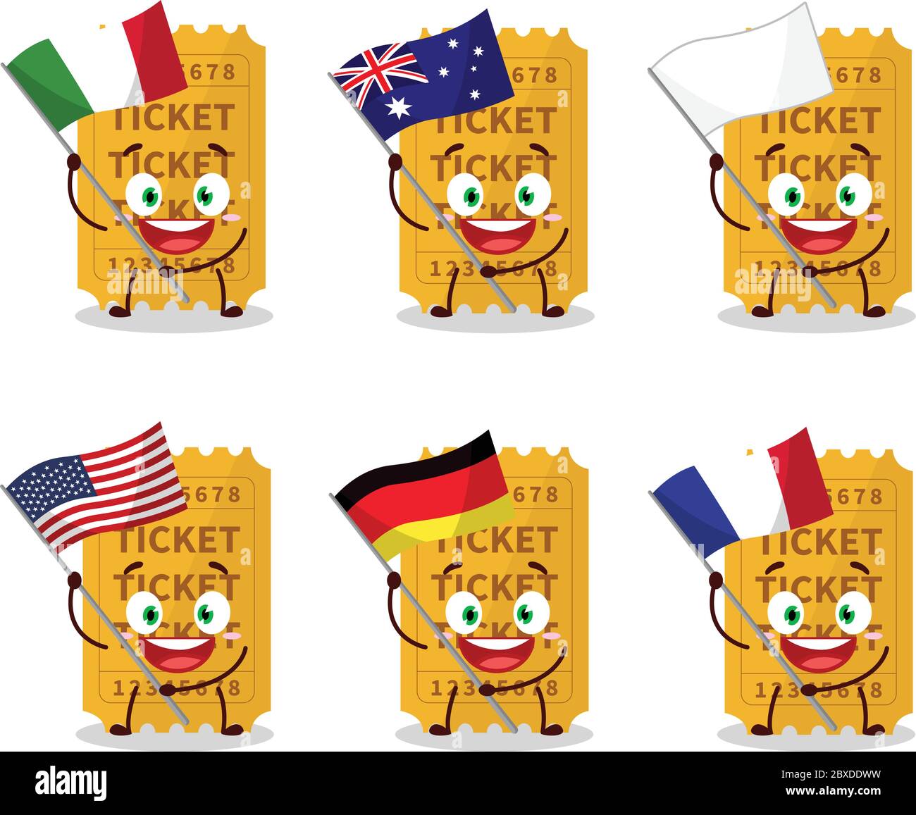 Ticket cartoon character bring the flags of various countries Stock ...