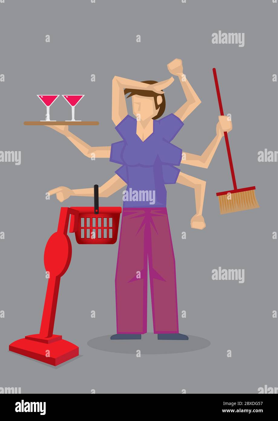 Vector illustration of a busy woman with many arms doing different ...