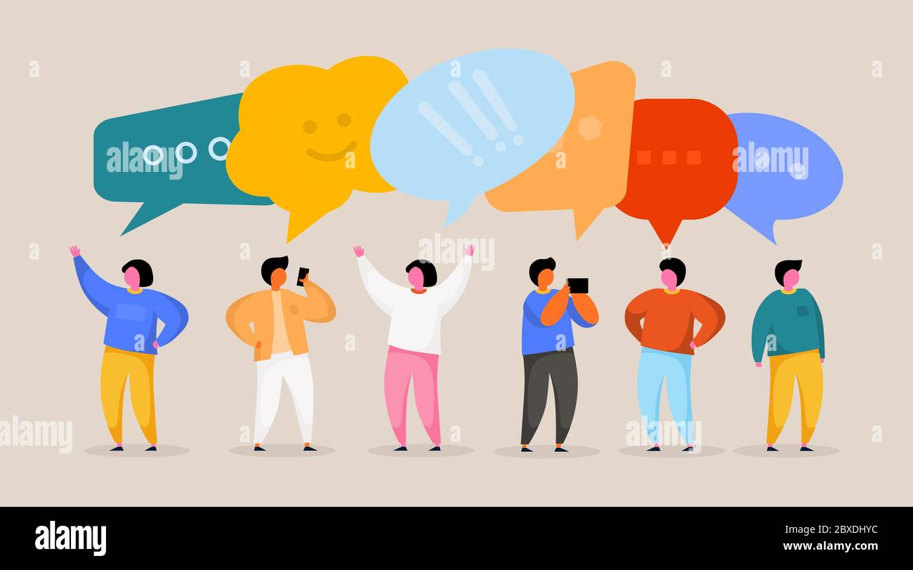 Social Network Template. Group of Young People Characters Chatting and ...