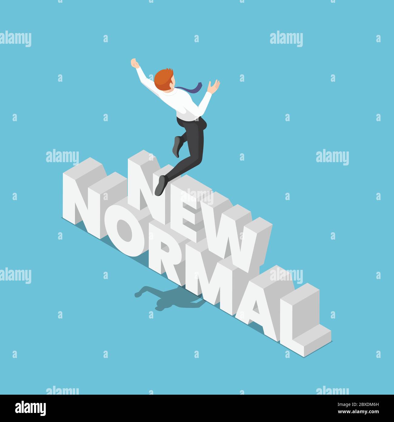 Flat 3d Isometric Businessman Jumping Over The New Normal Text. New ...