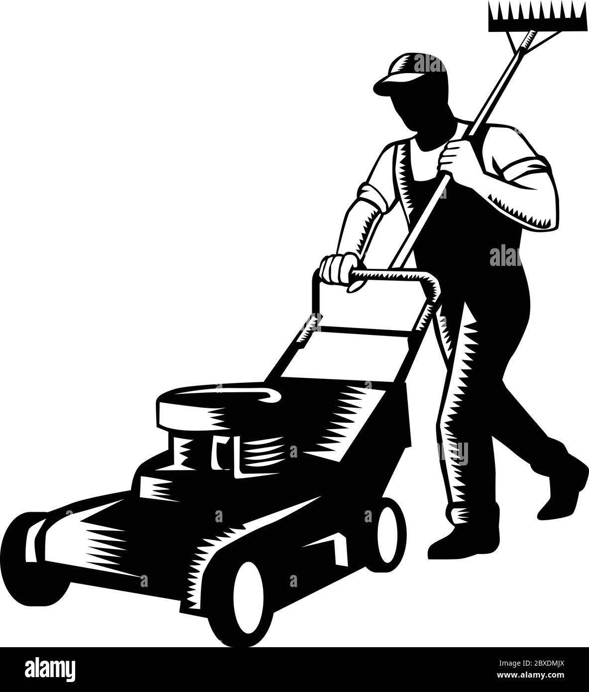 Woodcut black and white style illustration of male gardener, landscaper ...