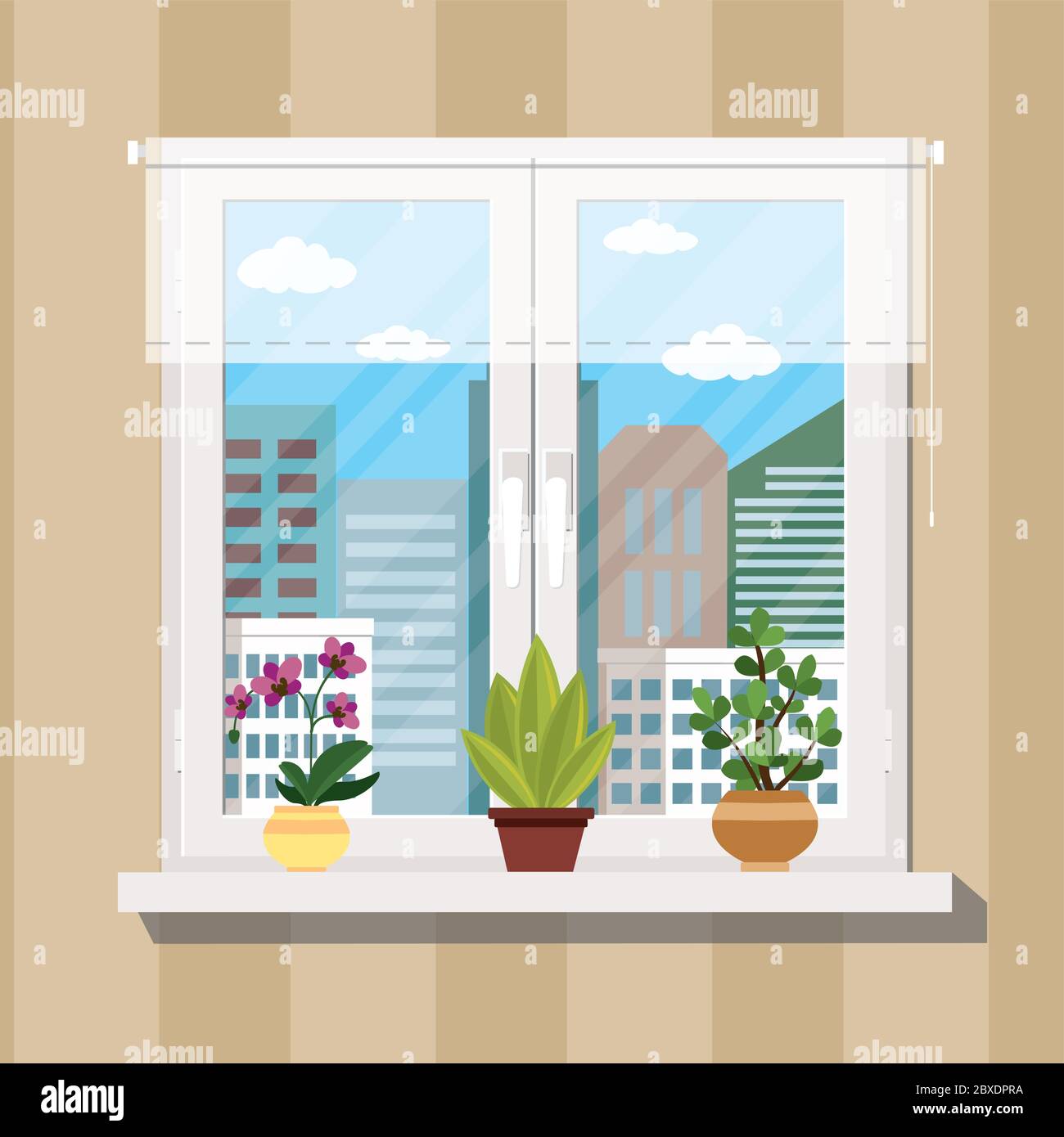 Window with curtain and flowers in pots,flat vector illustration Stock ...