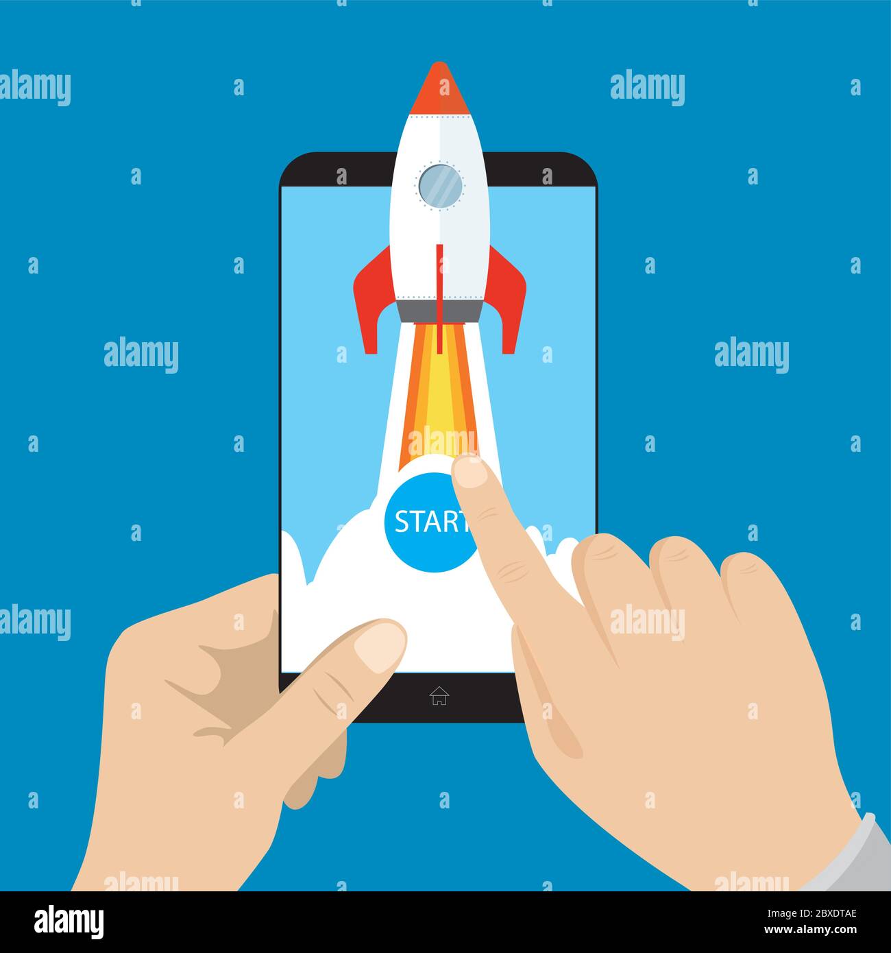 Hand holding smart phone- application with spaceship or rocket on ...